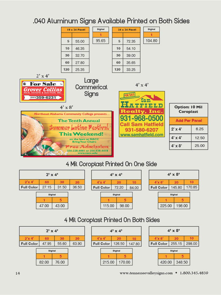 Pricing | Tennessee Valley Sign & Printing, Inc.